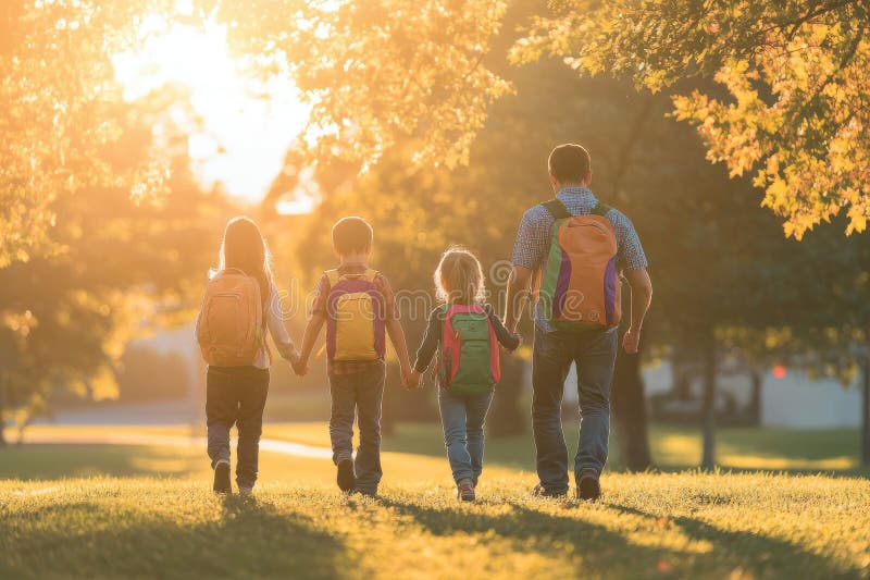 Father with Children Walking To School, Back View. Generative AI. Stock ...
