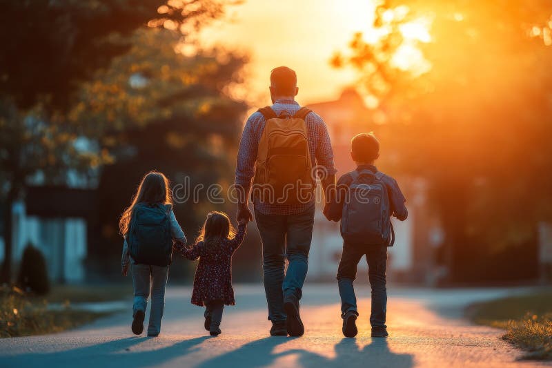Father with Children Walking To School, Back View. Generative AI. Stock ...