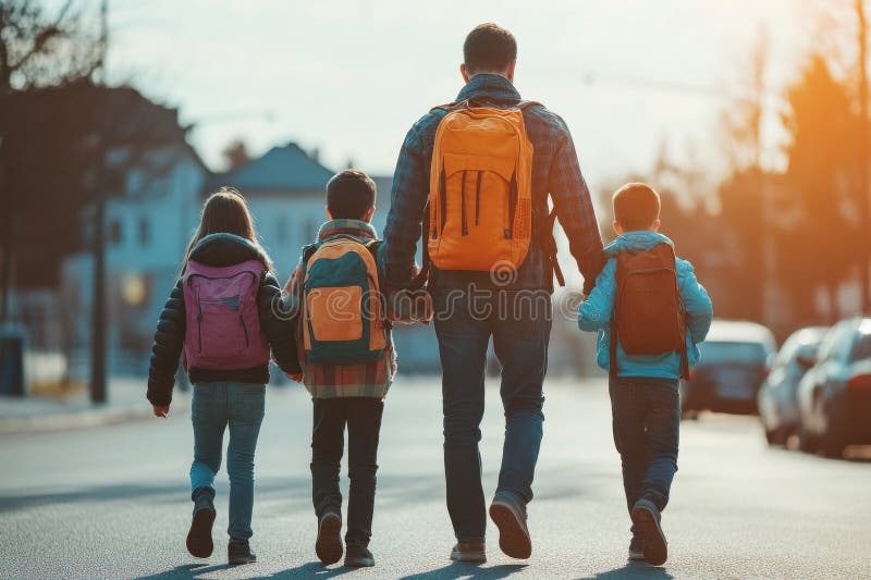 Father with Children Walking To School, Back View. Generative AI. Stock ...