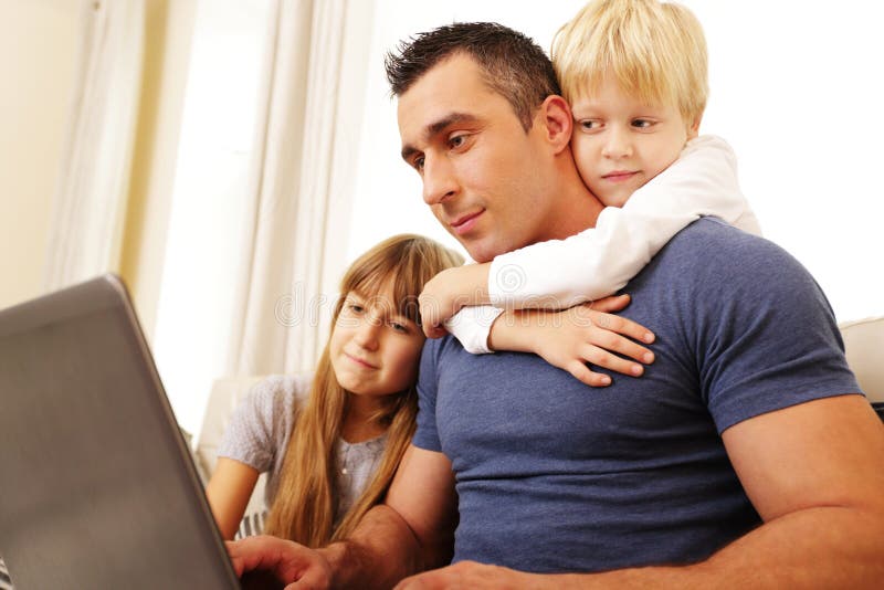 Father with Children Working on Laptop Computer Stock Image - Image of ...