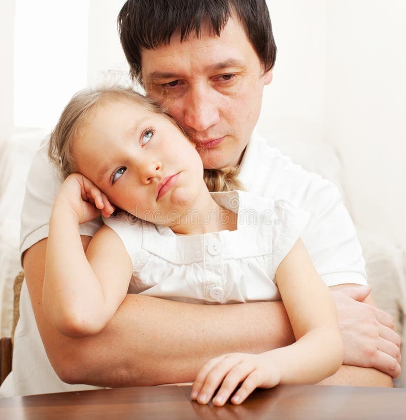 Portrait of One Sad Daughter Hugging Her Father Stock Image - Image of ...