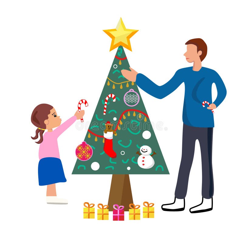 Father and Daughter Arranging Decorations on Christmas Tree. Vector ...
