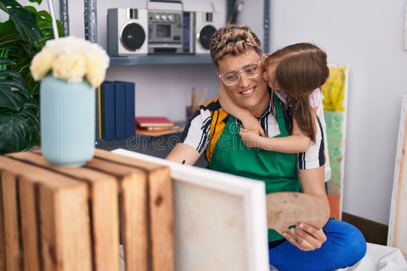 Father and Daughter Artists Hugging Each Other Drawing at Art Studio ...