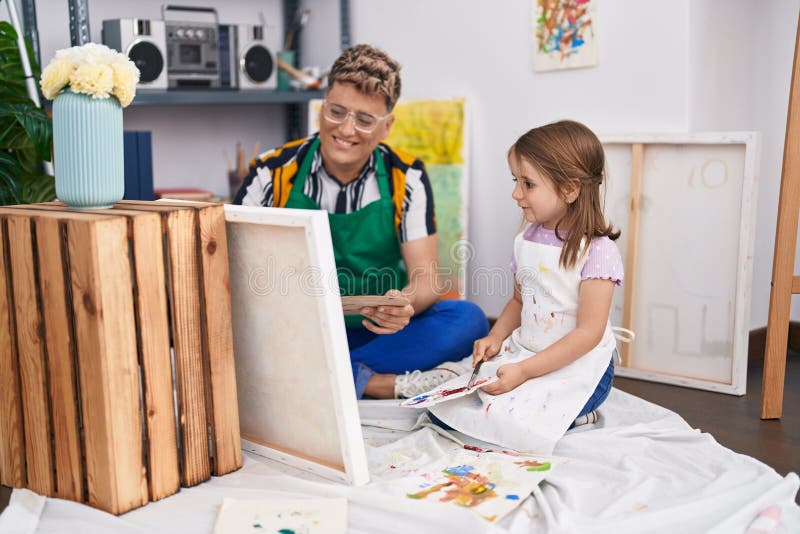 Father and Daughter Artists Smiling Confident Drawing at Art Studio ...