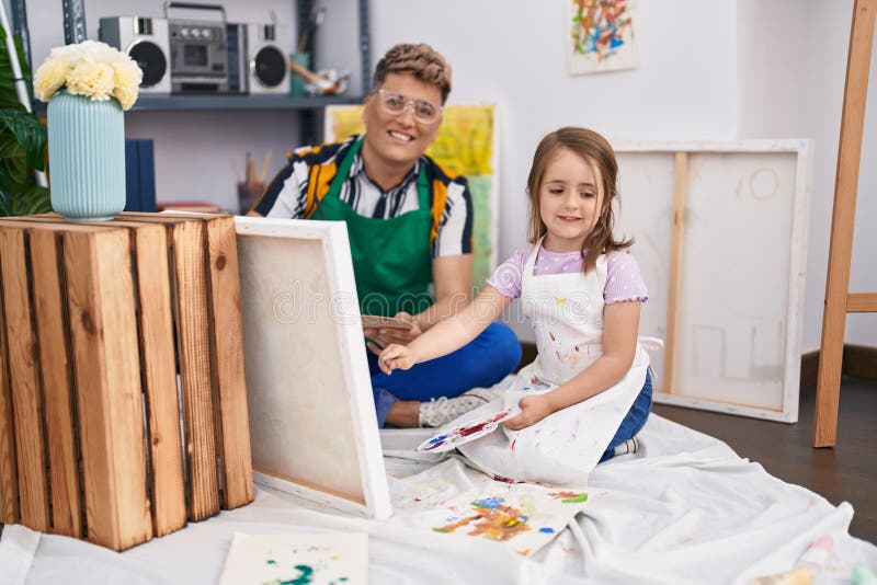 Father and Daughter Artists Smiling Confident Drawing at Art Studio ...