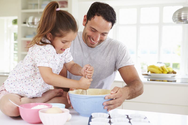 Father and Daughter Baking Cake in Kitchen Stock Image - Image of ...