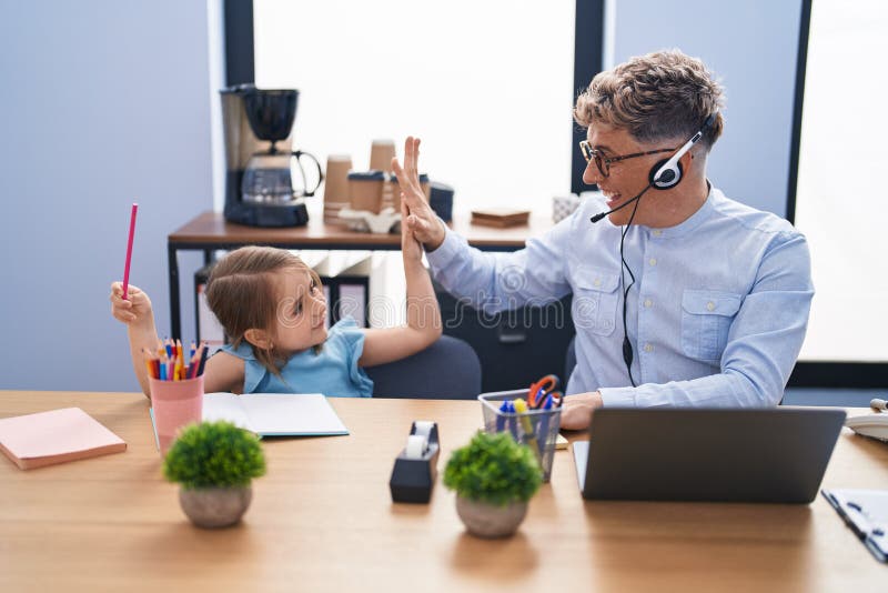 Father and Daughter Call Center Agent and Student High Five with Hands ...