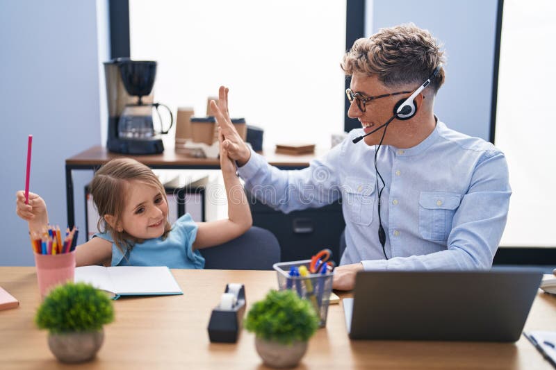 Father and Daughter Call Center Agent and Student High Five with Hands ...