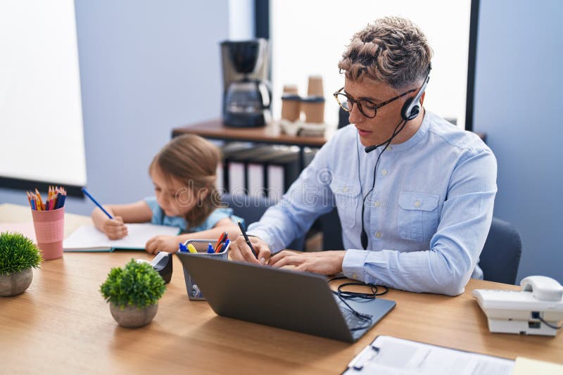 Father and Daughter Call Center Agent and Student Studying and Working ...