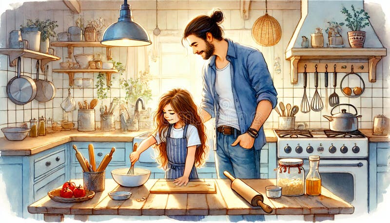 Father and Daughter Cooking Together in Kitchen Stock Illustration ...