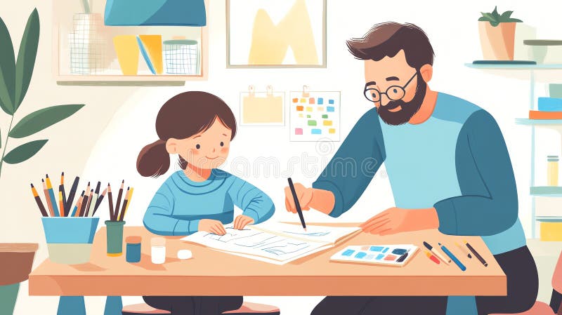 Father and Daughter Drawing Illustration Stock Photo - Image of skill ...