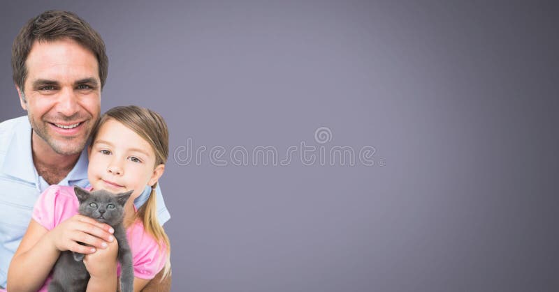 Father and Daughter Holding Cat with Purple Background Stock Image ...