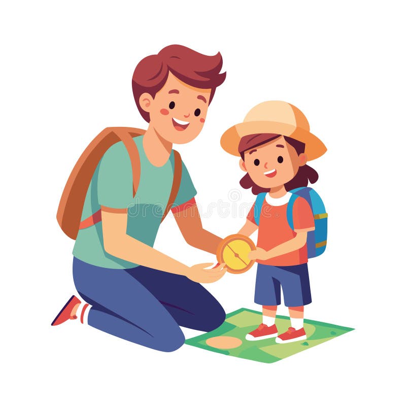 Father and Daughter Learning Navigation with a Compass on a Hike Stock ...