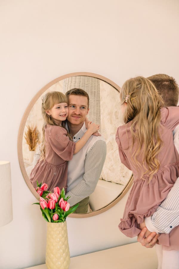 Happy Father with Daughter Reflection in the Mirror Stock Photo - Image ...