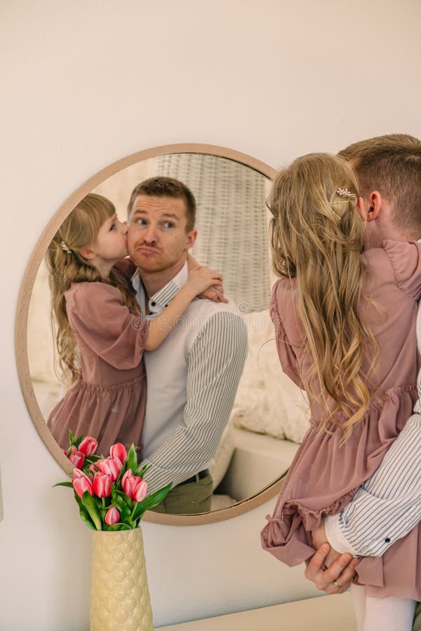 Happy Father with Daughter Reflection in the Mirror Stock Image - Image ...