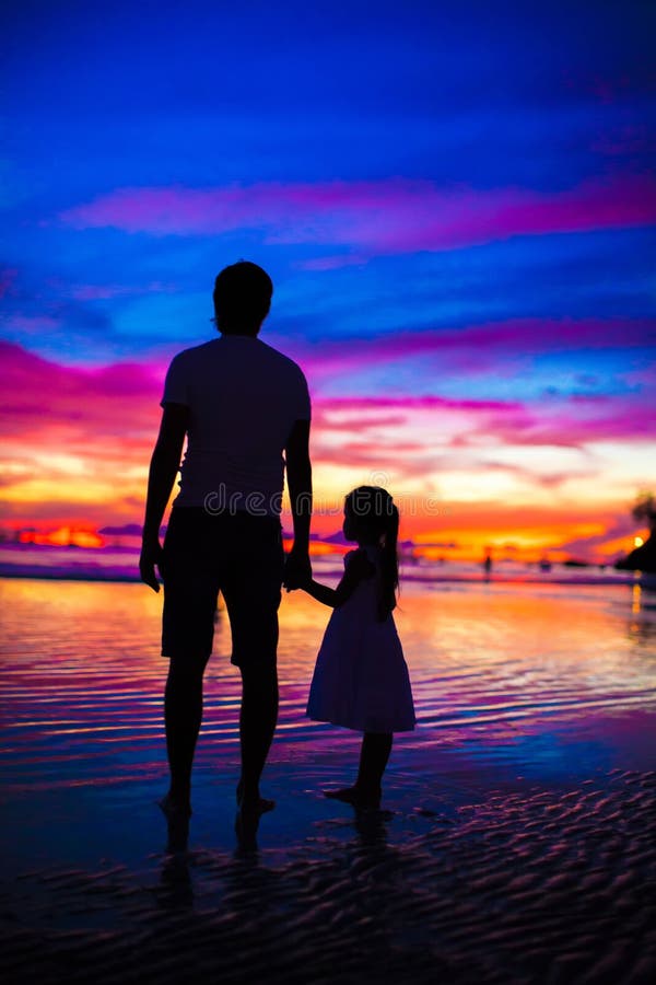 Father and Daughter Silhouettes in Sunset at the Stock Image - Image of ...