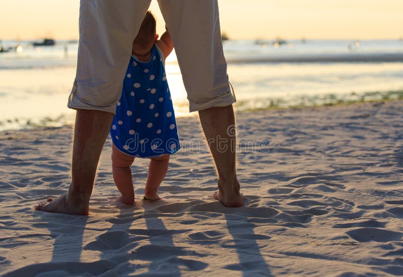 Father and Daughter on the Sunset Beach Stock Image - Image of step ...