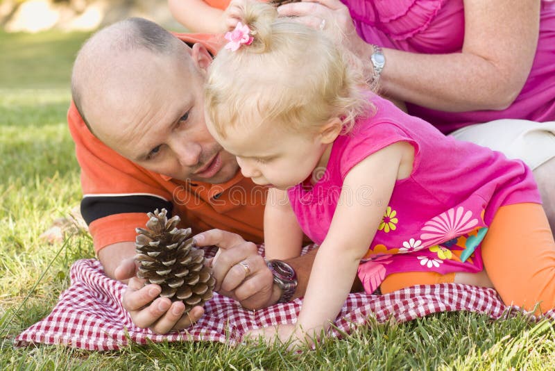 Father and Daughter Talk about Pine Cone in Park Stock Photo - Image of ...