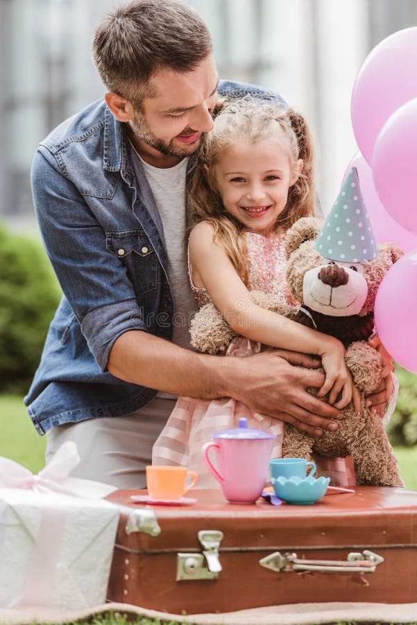 Father and Daughter with Teddy Bear Playing Tea Party Stock Image ...