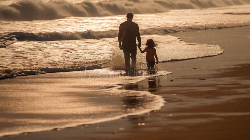 A Father and Daughter Walking Along a Sandy Beach, with the Waves ...