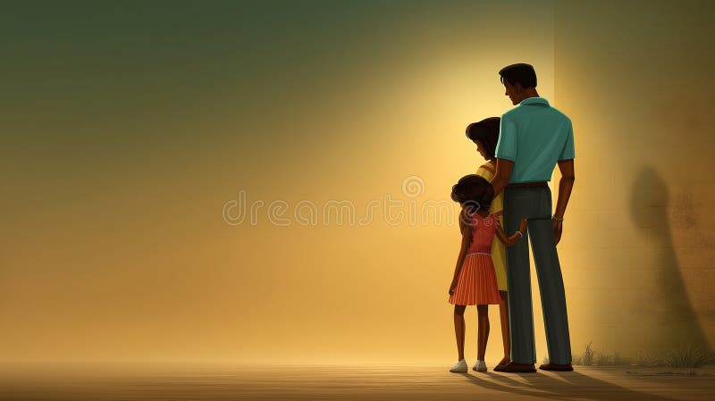 Father and Daughters Standing Together in Warm Light Stock Illustration ...