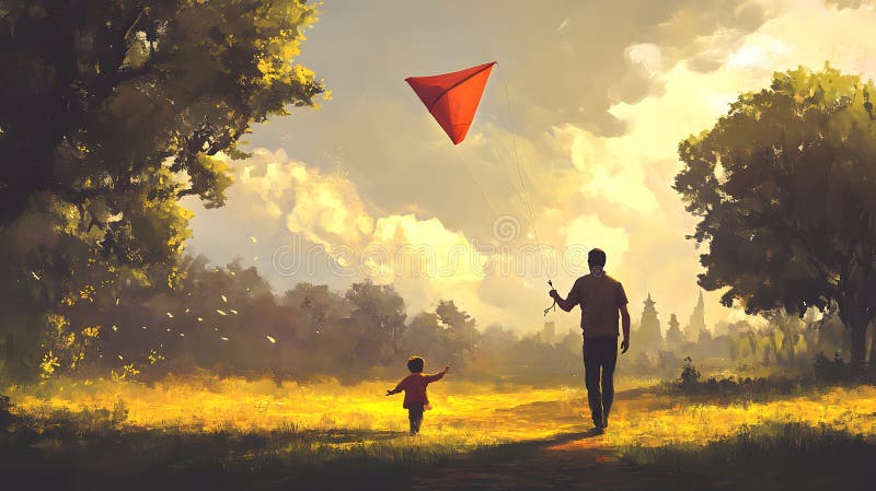 A Father Flying a Kite with His Child in a Park Stock Illustration ...