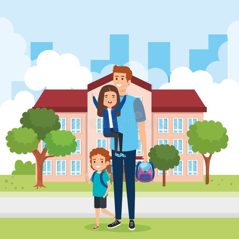 Father with Girl and Boy Students with Backpack Stock Illustration ...