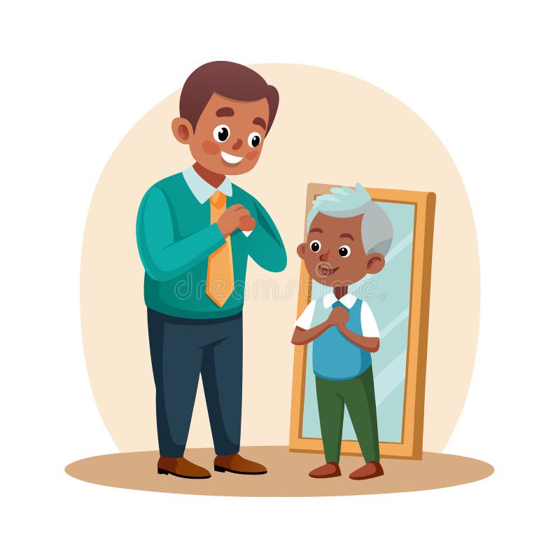 Father Helping Son with His Tie, Reflection Showing the Boy Older ...