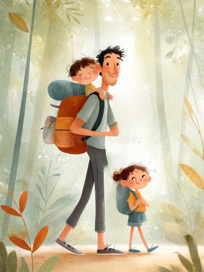 A Father on a Hike with His Two Children. Stock Illustration ...