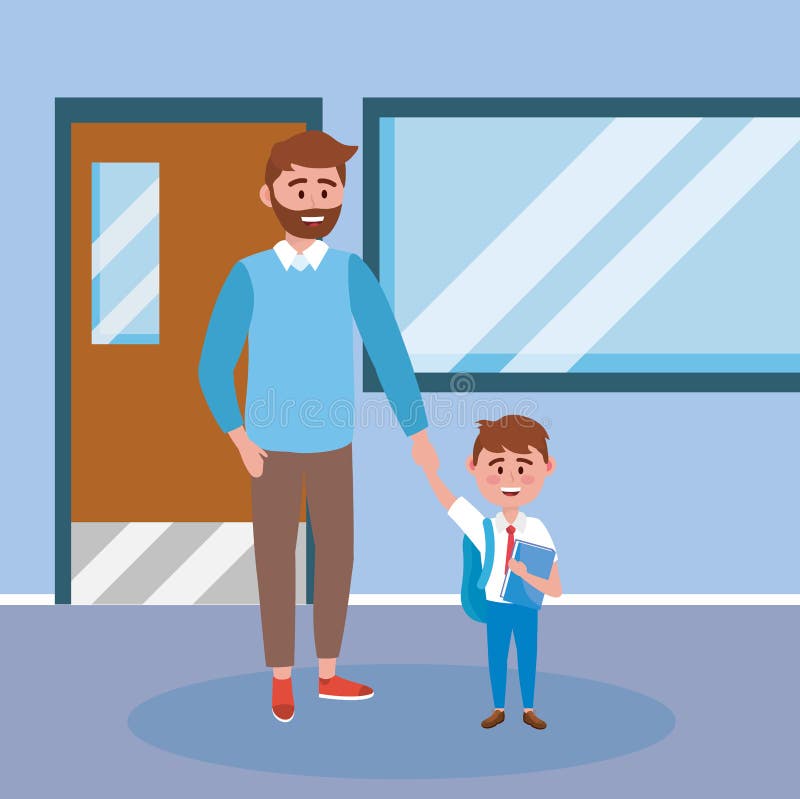 Father with His Boy Student with Book and Backpack Stock Vector ...