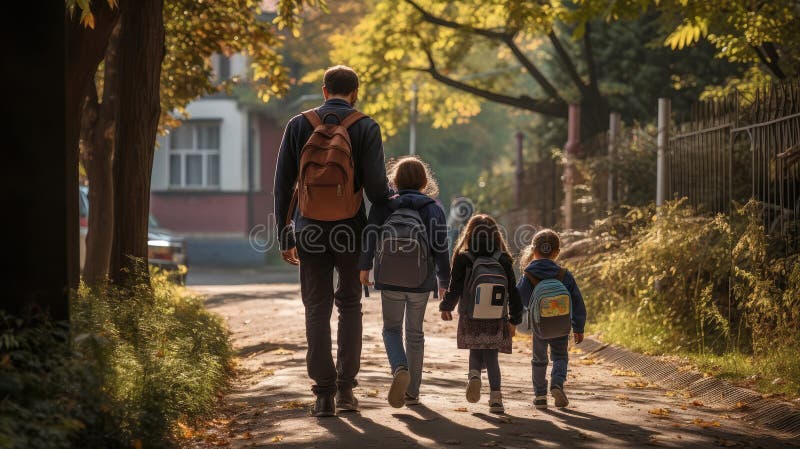 A Father and His Student Children Go To School Stock Illustration ...