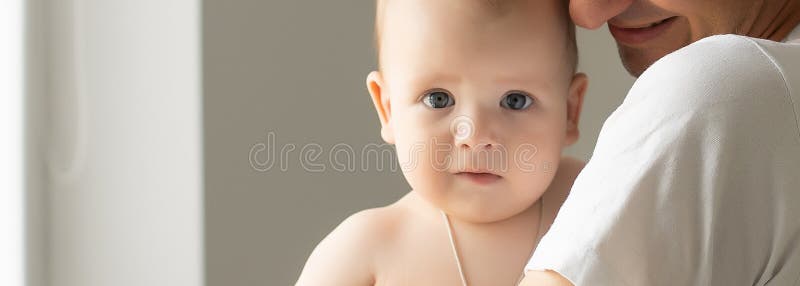 Father Hugging Newborn Baby in White Bedroom. Stock Image - Image of ...