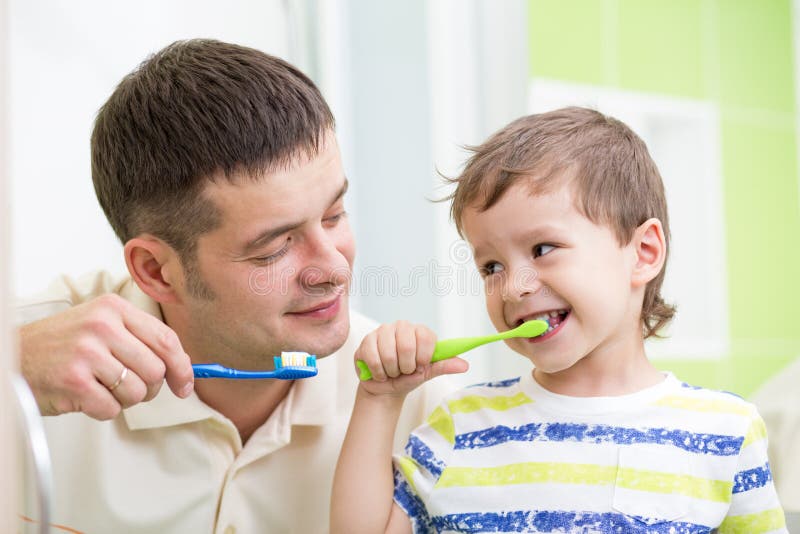 Father and Kid Son Brushing Teeth in Bathroom Stock Image - Image of ...