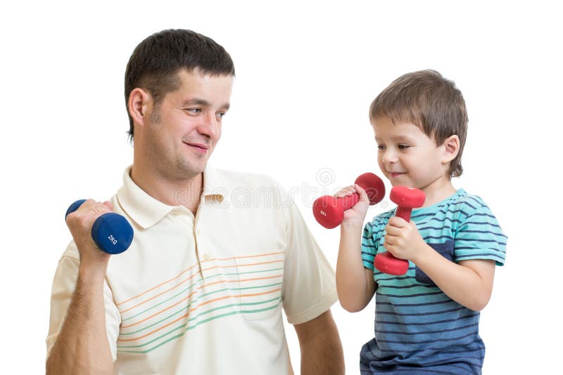 Father and Kid Son Doing Exercise with Dumbbell Stock Photo - Image of ...