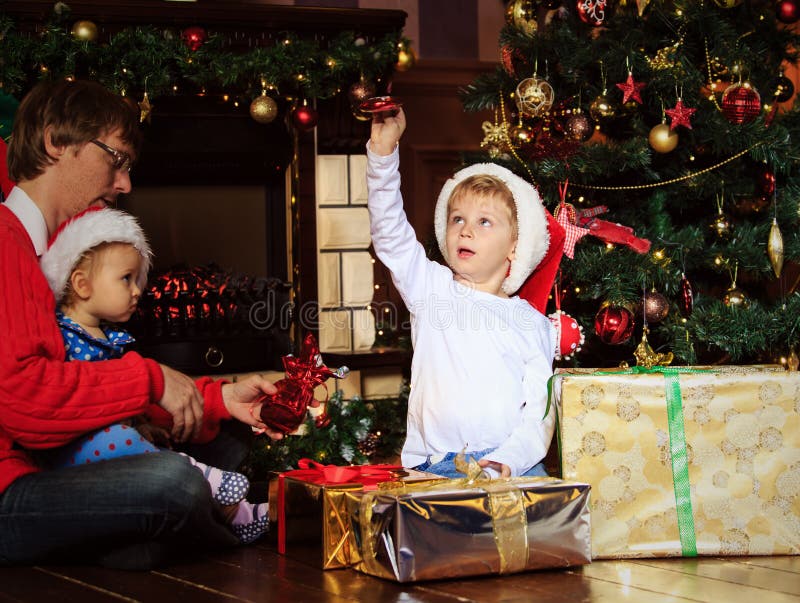 Father and Kids with Presents in Christmas Stock Image - Image of girl ...