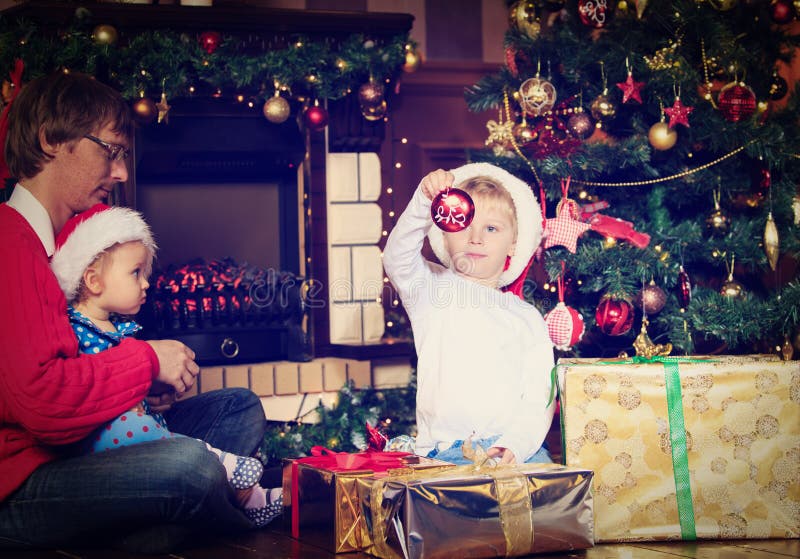 Father and Kids with Presents at Christmas Stock Photo - Image of ...