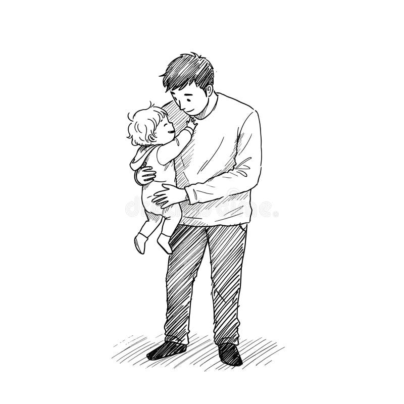 Father Lovingly Embracing Toddler in a Sketch Style Stock Illustration ...