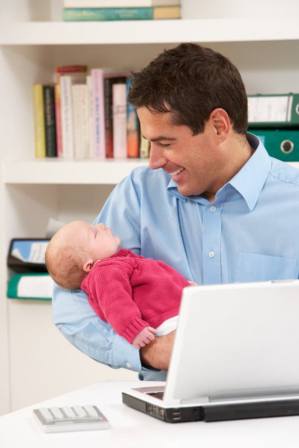 Father with Newborn Baby Working from Home Stock Image - Image of ...