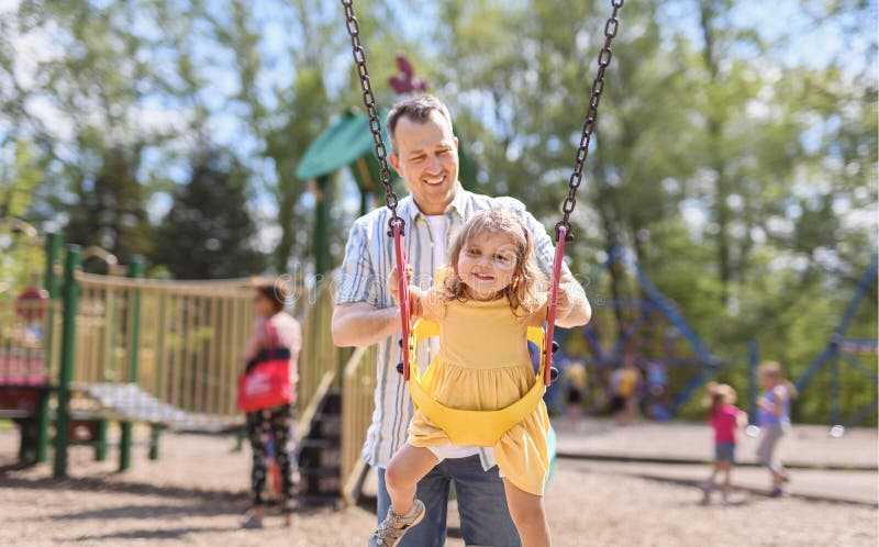 Father Pushes Swings with His Cute Little Daughter Stock Image - Image ...