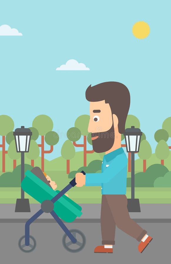 Father pushing pram. stock vector. Illustration of childhood - 71425178