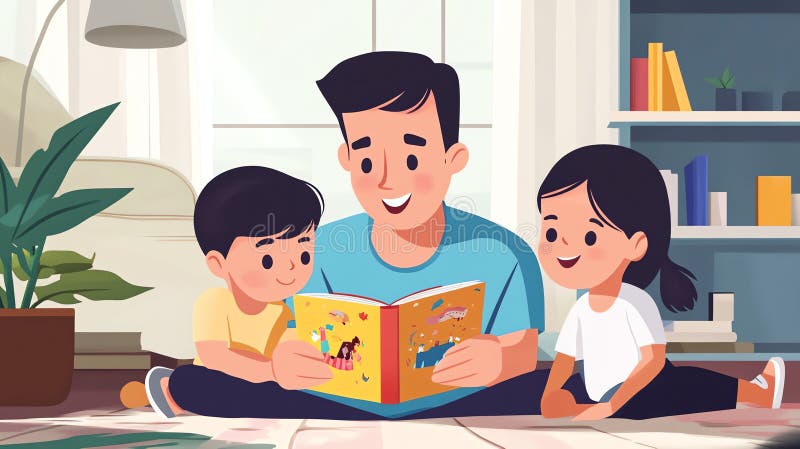 Father Reading Book To Children Illustration Stock Photo - Image of ...
