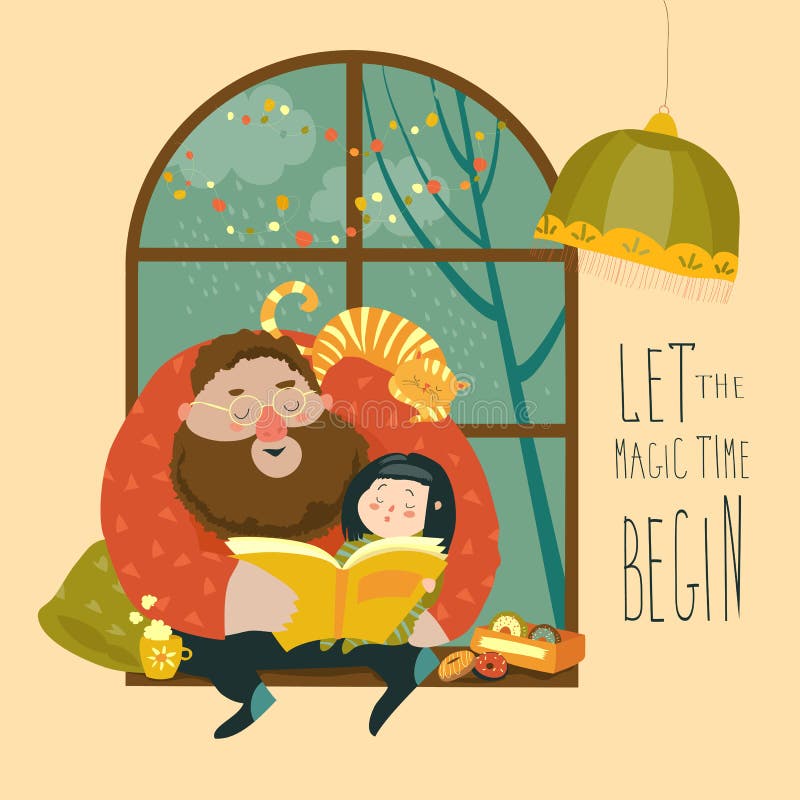 Father Reading a Book To His Daughter Stock Vector - Illustration of ...