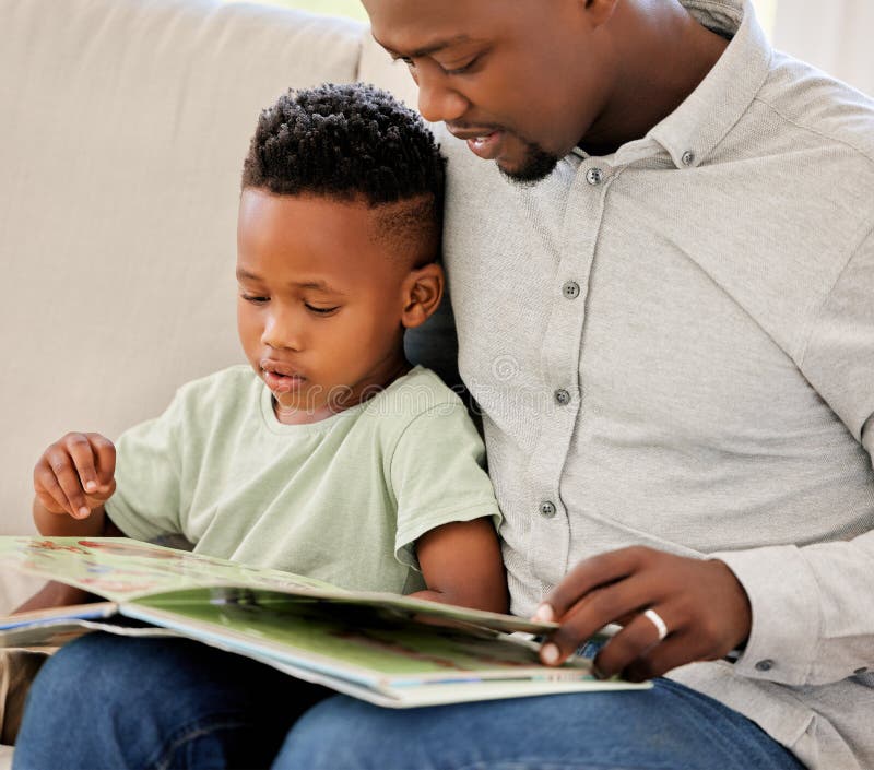Father, Reading and Child with Book in Home on Sofa with Development of ...