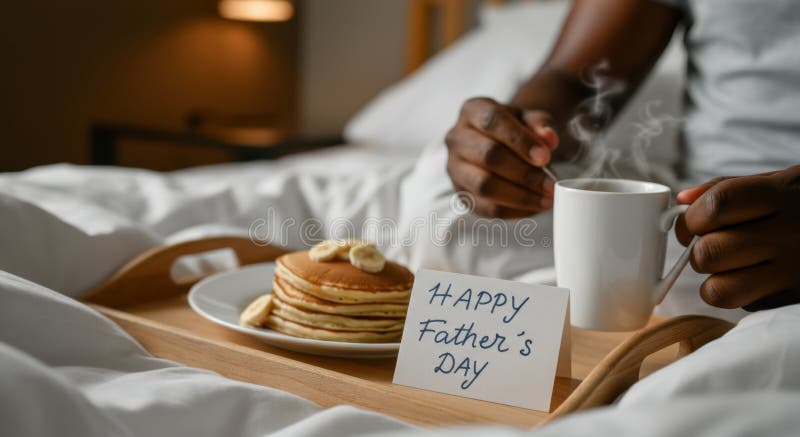 Father S Day Breakfast in Bed with Pancakes and Coffee. Black Father ...