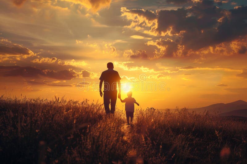 Father& X27;s Day. Silhouettes of Father and Son on Sunset Landscape ...