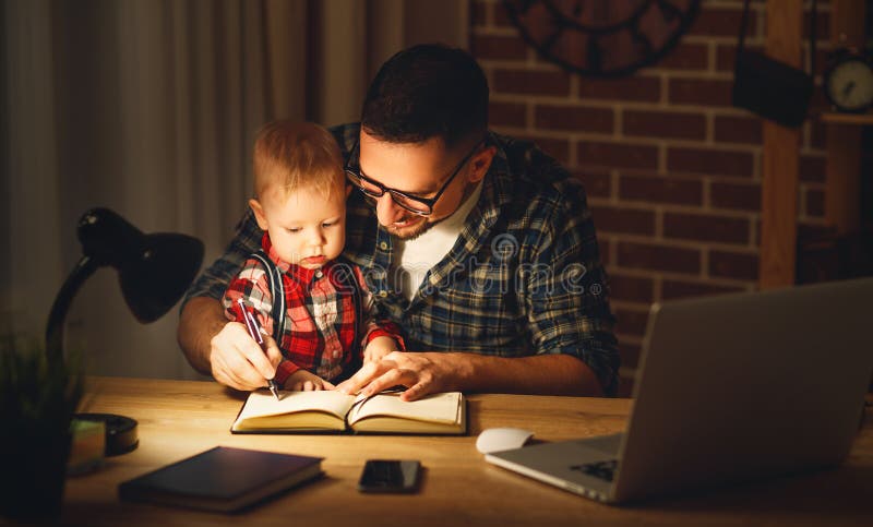 Father and Son Baby Work at Home at Computer in Dark Stock Image ...