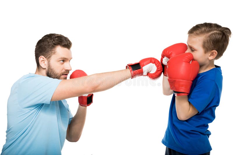 Father with Son during Boxing Training Isolated on White Stock Image ...