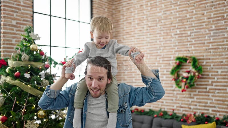 Father and Son Celebrating Christmas Dancing at Home Stock Video ...