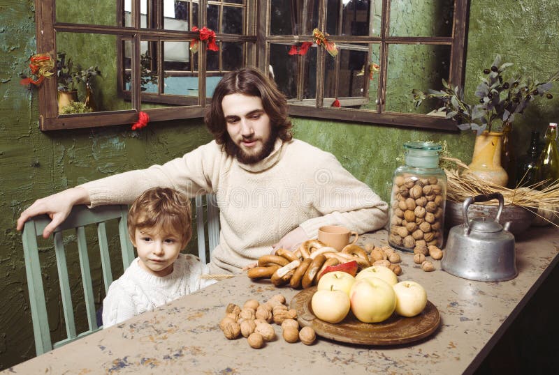 Father with Son at Countryside Kitchen Stock Image - Image of life ...