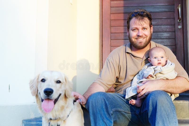 Father, son and dog stock photo. Image of cheerful, door - 9412620